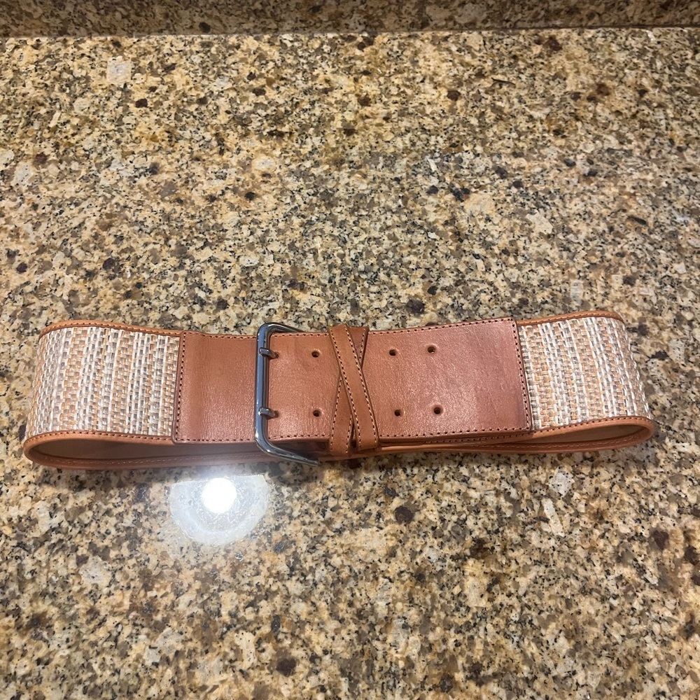 3” Wide Light Tan Leather And Woven Women’s Belt M Vg… - Gem